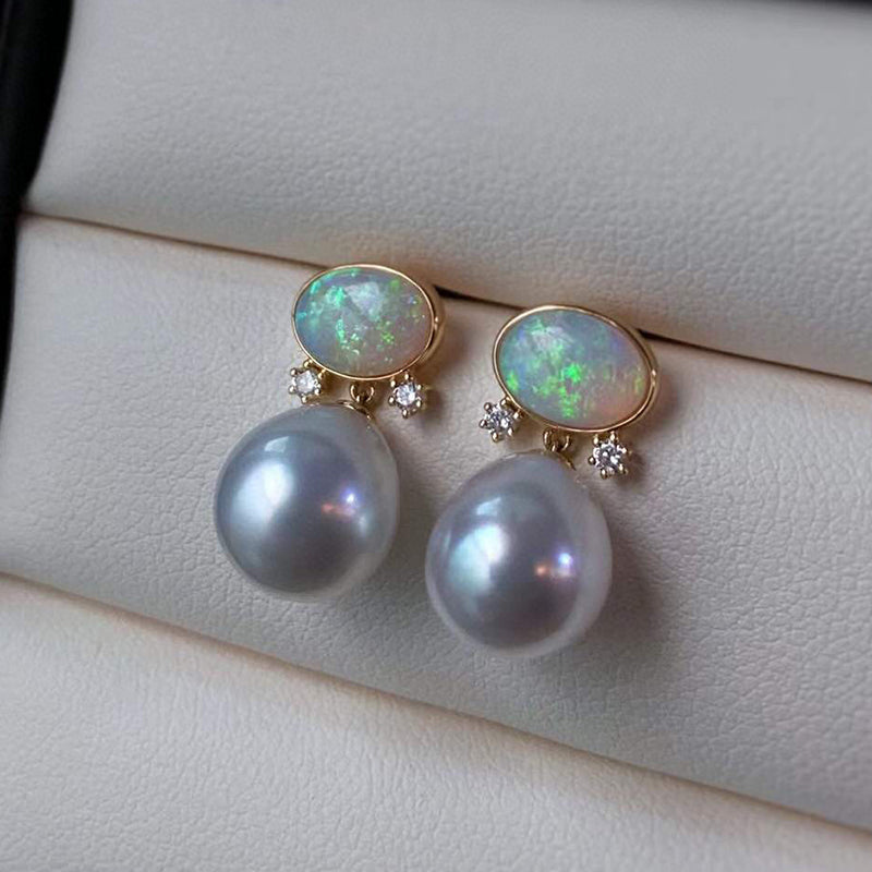18K Gold Oval Cut 1.7ct Natural Opal & AKOYA Pearl Diamond Drop Earrin ...